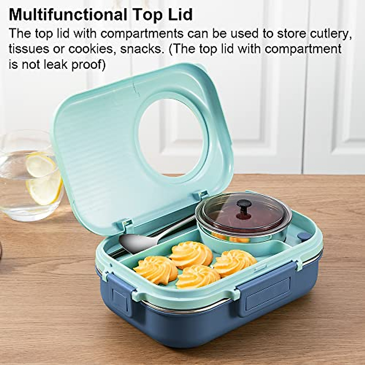 VANDHOME Bento Lunch Box Stainless Steel with Utennsil & Bag - 3 Compartment 37oz Compact Lunch Containers, BPA-Free, Dishwasher Freezer Safe - Blue