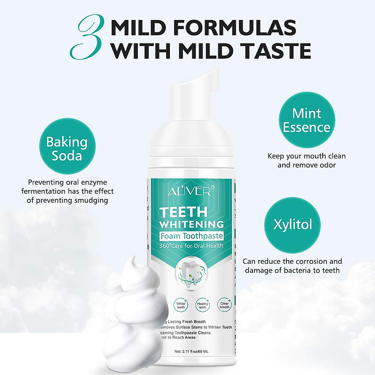 ZIXAOK 1Pc Toothpaste Cleansing Foam, 60ml Baking Soda Toothpaste, Mint Adult