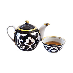 Set of 6 Uzbek Floral Tea Cups 7-Ounce Dark Blue And White Uzbekistan Ceramic Traditional Products NOT FAKE - FREE Uzbek Cookbooks Included