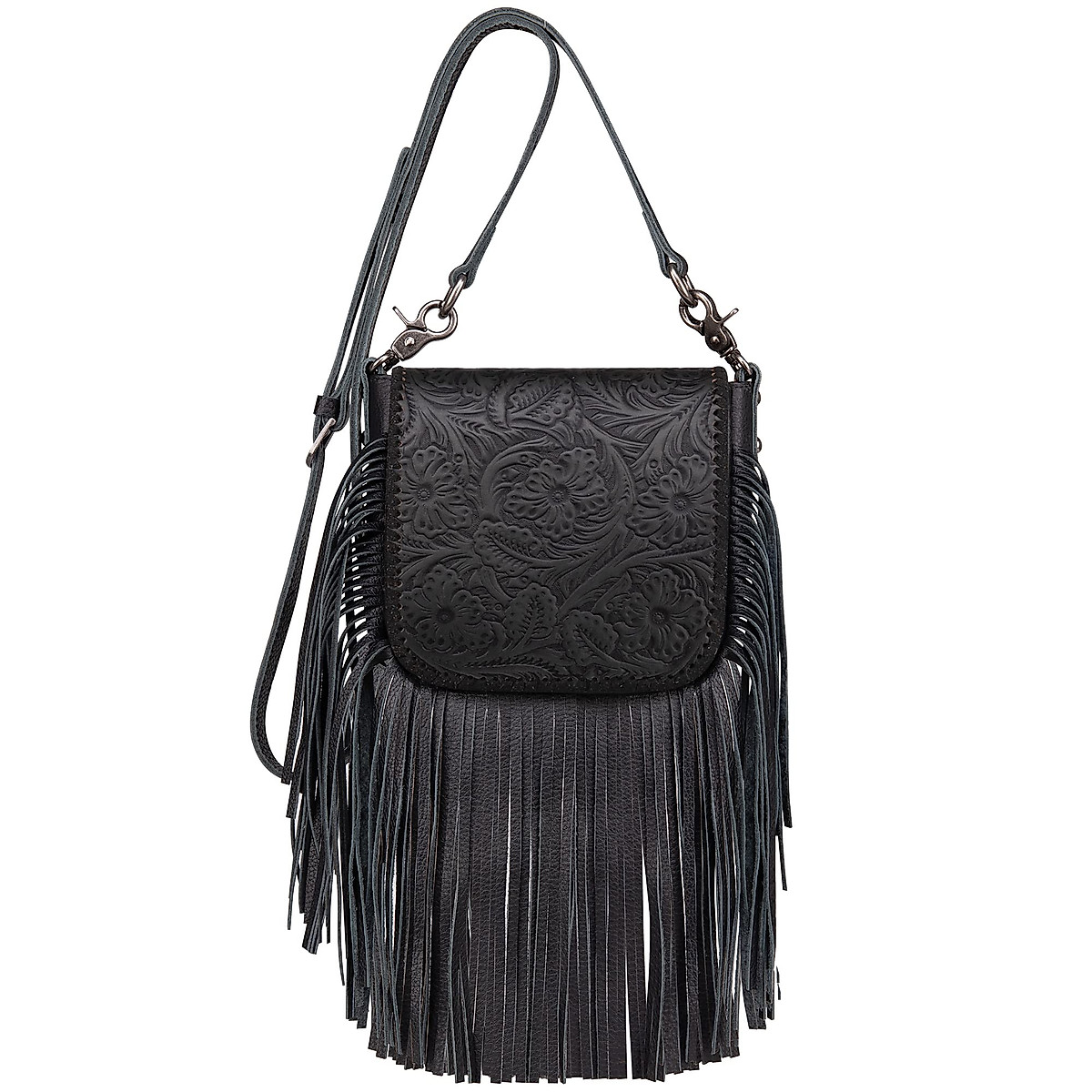 Women's Crossbody Handbags Western Purses for Women Small Crossbody Bags Tooled Leather Fringe Purse Black RLC-L159BK