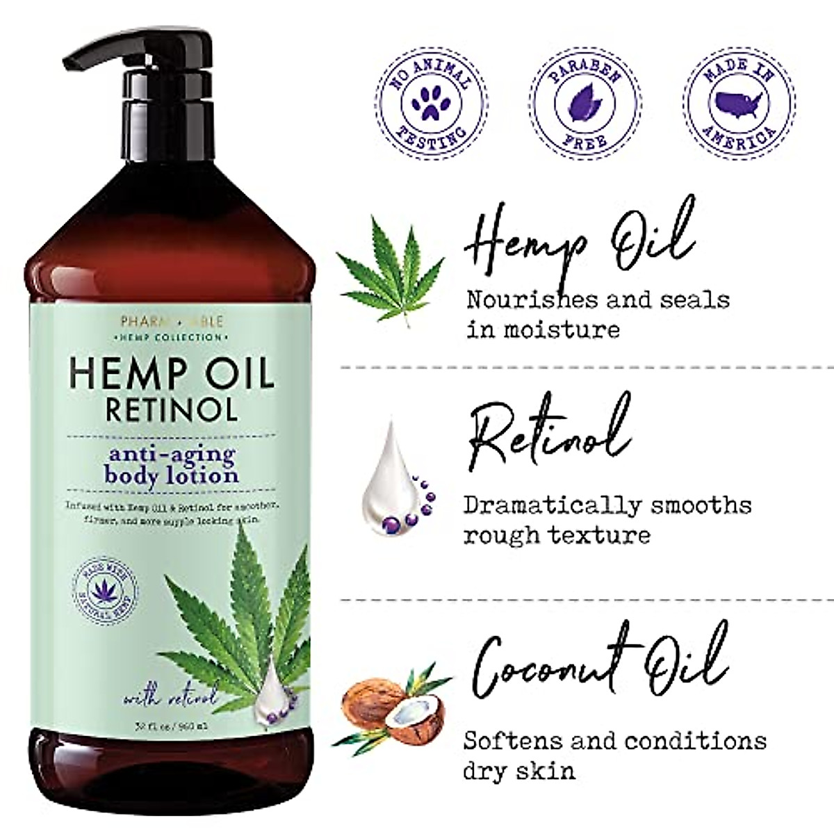PHARM TO TABLE Hemp Oil & Retinol Anti-Aging Body Lotion, Locks In Moisture, Cruelty And Paraben Free Skin Care, 32oz/960ml
