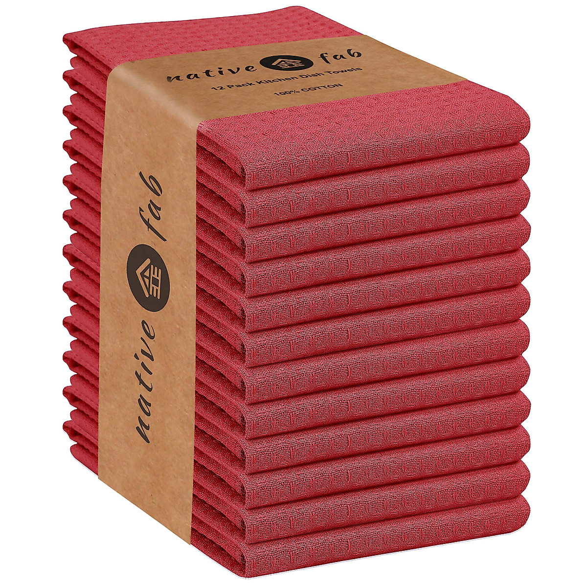 Native Fab Waffle 12 Pack 100% Cotton Kitchen Dish Towels 16x26 Absorbent Durable Washable, Tea Towels, Dish Cloths, Bar Towels, Cleaning Towels, Kitchen Towels with Hanging Loop, Red
