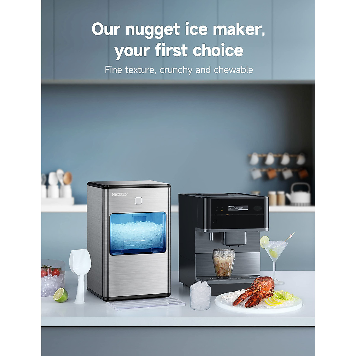 HiCOZY Nugget Ice Makers Countertop, Compact Crushed Ice Maker, Produce Ice in 5 Mins, 55LB Per Day, Self-Cleaning and Automatic Water Refill, Suitable for Home, Office (Black)