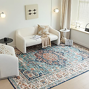 VK VK·LIVING Washable Rug, 5'x7' Stain Resistant Washable Rug, Machine Washable Rug with Non-Slip,Vintage Bohemian Area Rug for Living Room Bedroom Dining Home Office Area Rug (Blue, 5'x7')