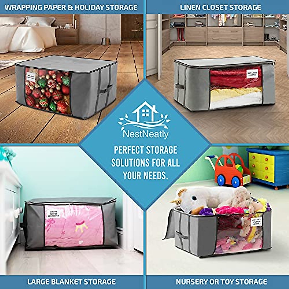 NestNeatly Large Capacity Clothes Storage Bag Organizer with Reinforced Handle for Comforters, Blankets, Bedding, Foldable with Sturdy Zipper, Clear Window, 3 Pack, Gray