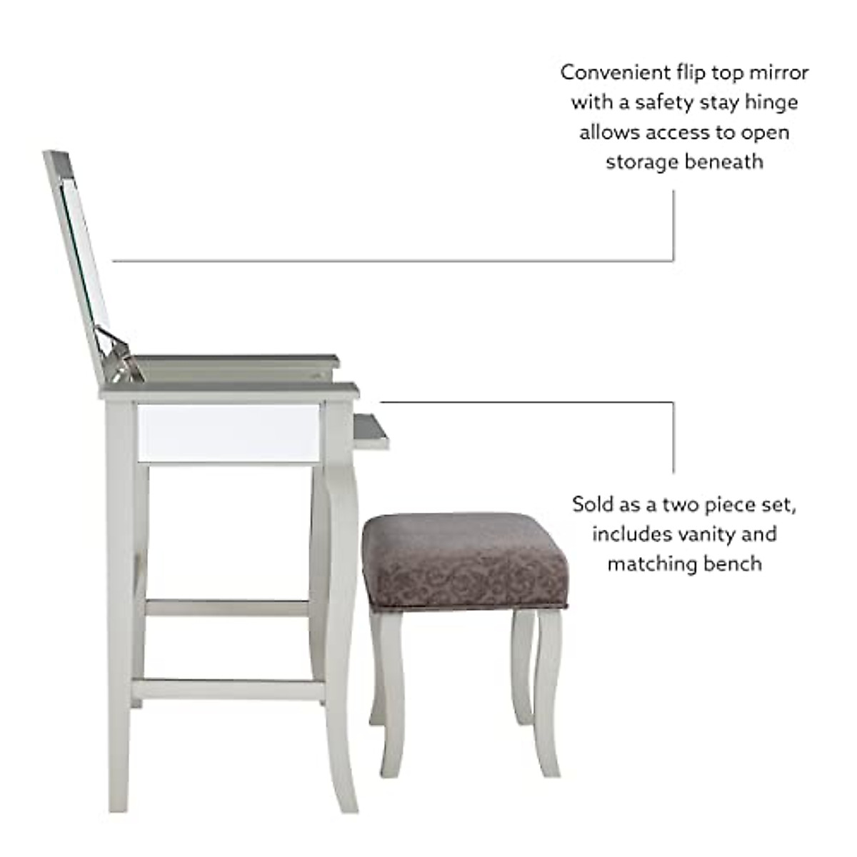 Linon Silver Harper Vanity Set, 32" W x 18" D x 46.75" H