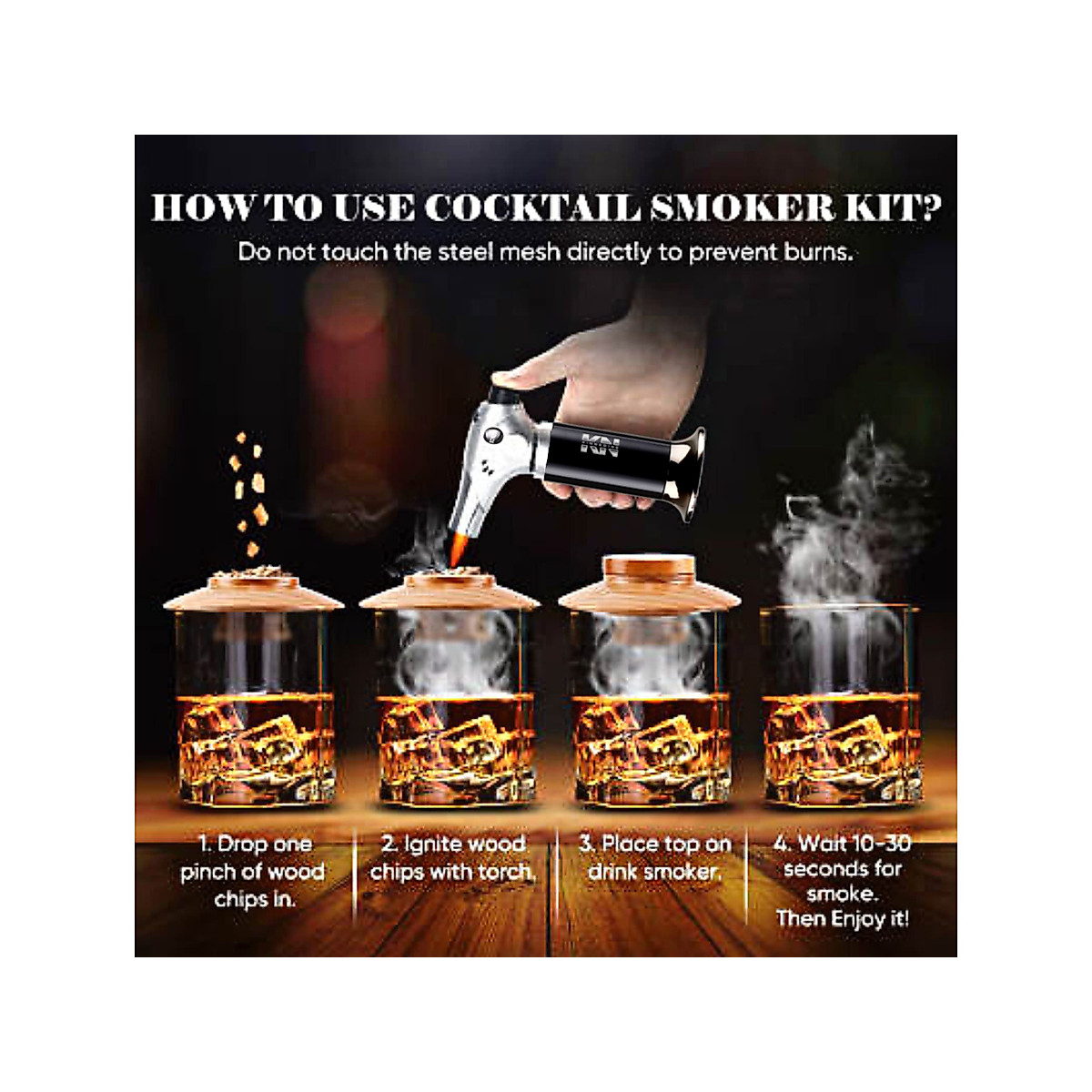 Kinnedine | Cocktail Smoker with Torch, Premium Quality Whiskey Gifts for Men, Best for Bourbon Whisky, Six Flavor Wood Chips for Infusing Cocktails, Wine, Whiskey, Cheese, Salad, and Meat. Cleaning Kit Included for Easy Clean Up. (No Butane)