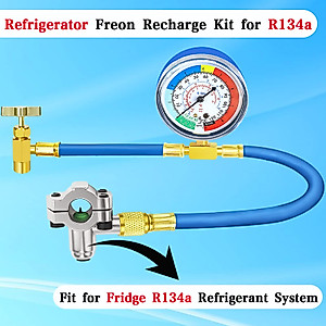 R134A Refrigerator Freon Recharge Hose Kit-R134a AC Refrigerant Charging Guage Hose Set with BPV31 Bullet Piercing Tap Valve and R134a Self-Sealing Adapter, for Home A/C Refrigerant System (Red)