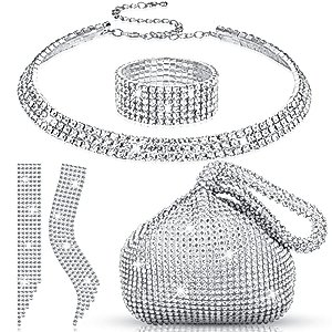 Meanplan Silver Bling Clutch Purse Rhinestone Jewelry Set 4 Pieces Crystal Dangle Fringe Earrings Bridal Wedding Choker Necklace Bracelet and Evening Clutch Bag for Women Girls (Cute Style)