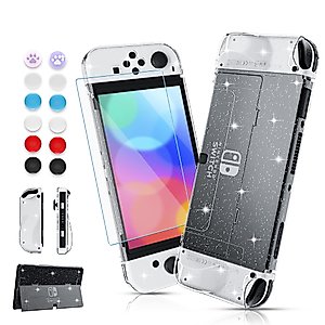FUNDIARY Glitter Dockable Cover Case Compatible with Nintendo Switch OLED, Protective Shell for Switch OLED and Comfort Grip for Joy Con with Screen and 12 Thumb Caps - Glitter TPU Joy Con Case