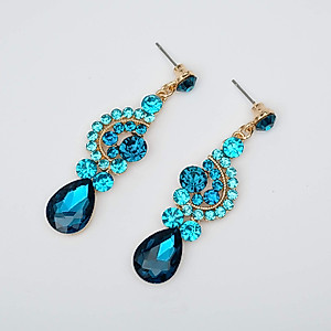 CSY 4 Pcs/Sets Elegant Crystal Necklace Earrings Bracelet Ring Bridal Wedding Costume Jewelry Sets for Brides Women Gifts (gold plated-aquamarine)