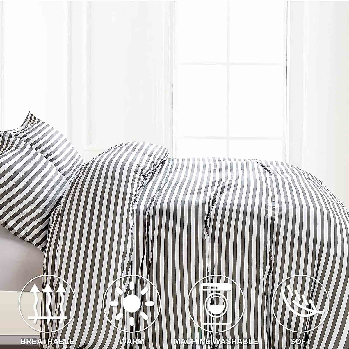 Nanko White and Grey Striped Queen Size Comforter Set, Print Pattern Soft Reversible Down Alternative Quilted Duvet Insert Bed Sets, Bedding Sets in a Bag for Women Men Teen, 88 x 90 Bed Sets Gray