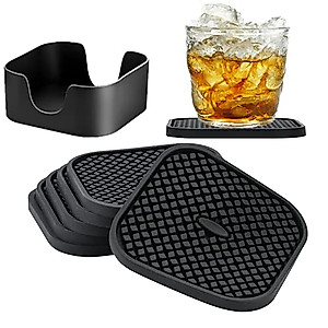 IYYI Silicone Coasters Set of 6, Drink Coasters with Holder, Non-Slip Cup Mat, Deep Tray Absorbent Coaster, Heat Resistant Countertop Protection (Black-Square)
