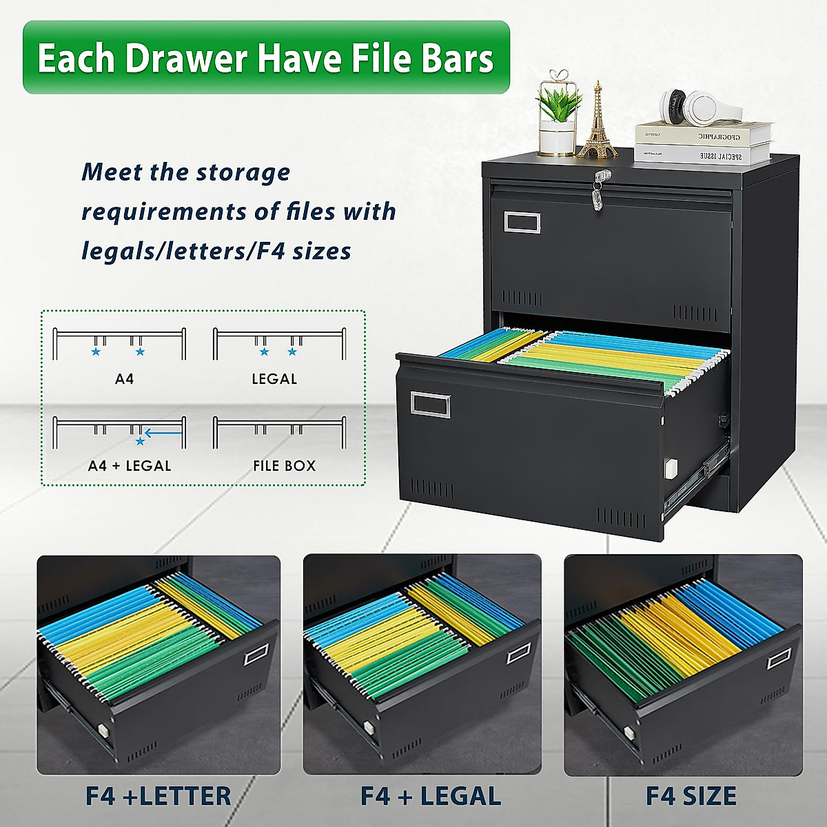 Nanberone Lateral File Cabinet, 2 Drawer Metal Lateral Filing Cabinet Hanging File with Lock for for Legal/Letter/F4 Size, Large Printer Stand Lockable File Cabinets for Home Office School, Black