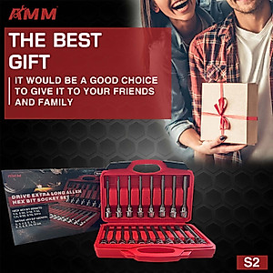 AMM 19-Piece 3/8 Inch Drive Extra Long Allen Hex Bit Socket Set, Standard SAE & Metric (1/8-Inch - 3/8-Inch, 3-12mm), S2 Alloy Steel, Durable Tool Accessories