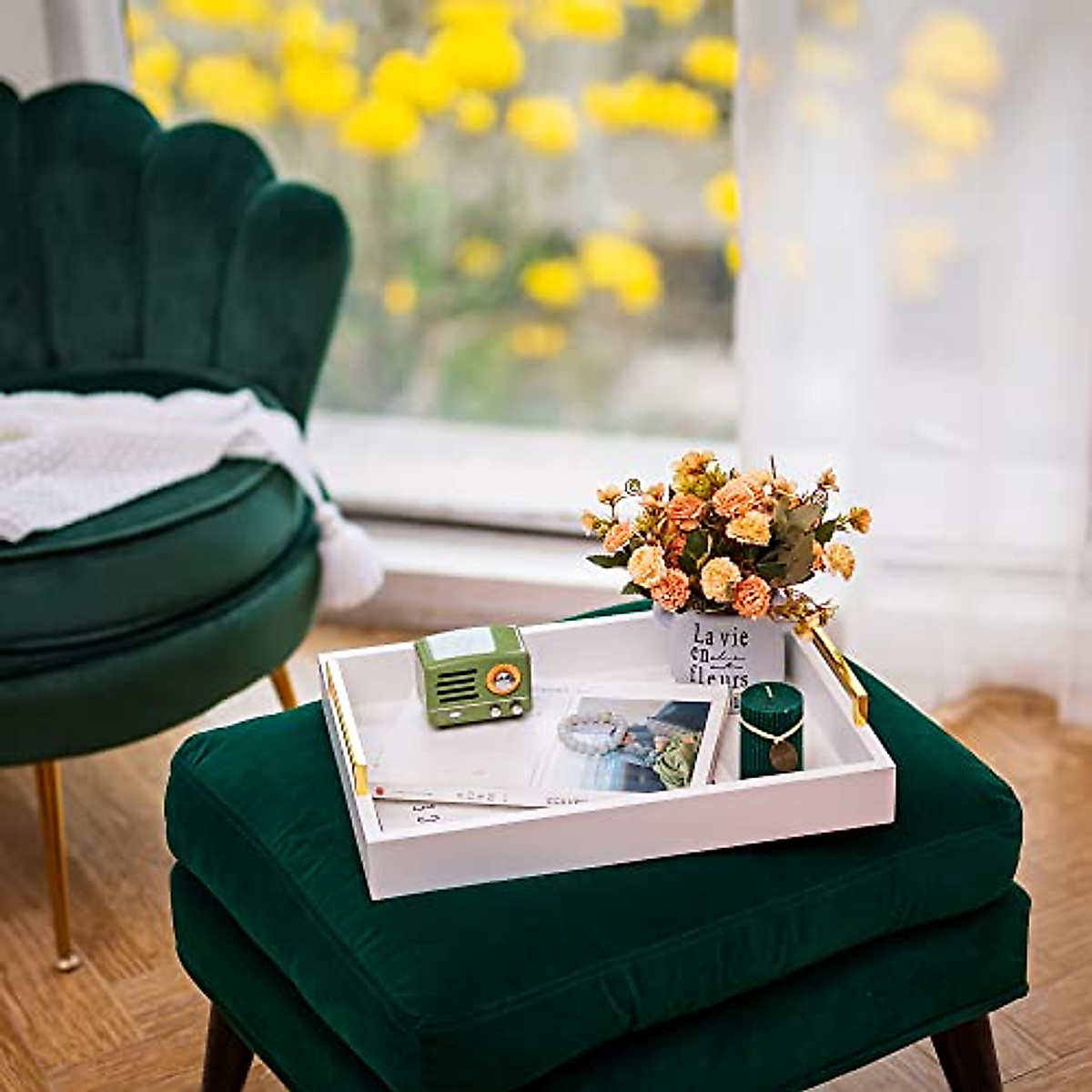 Hanobe White Decorative Trays for Coffee Table MDF Large Ottoman Tray for Living Room Bathroom Coffee Bar Decor Modern Tray with Gold Handles (White, 1)