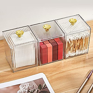 Obedpet 3 Pack Qtip Holder Dispenser,14 oz Acrylic Apothecary Jars with Lids,Bathroom Counter Organizer with Fashion Stripe for Cotton Swab, Cotton Ball ,Pads, Floss