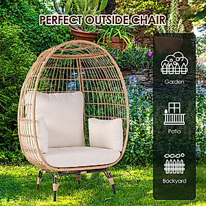 OTSUN Oversized Wicker Egg Chair: Outdoor Indoor Lounger with 4 Cushions, 440lb Capacity, Egg Basket Chair for Living Room, Backyard, Balcony, Patio, Beige