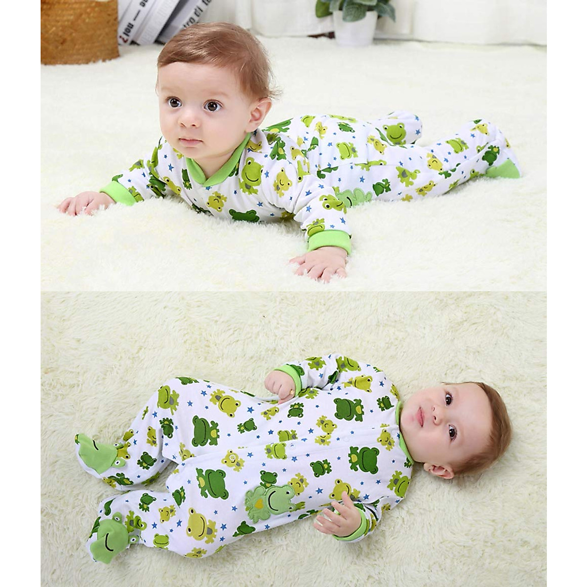 Feidoog Baby Footed Cotton Long Sleeve Romper Animal Printed Jumpsuit Sleeper Sleep and Play,Frog,3-6M