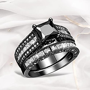 Small Ring Set 2 in 1 Womens Vintage Black Ring Diamond Engagement Wedding Band Ring Set Hi and Low Ring (Black, 11)