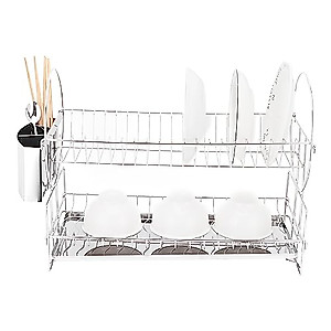 Dish Dryer Rack, Double Layer Stainless Steel Bowl Dish Rack - Space Saving Draining Rack and Storage Organizer - Premium Kitchen Accessories for Efficient Drying and Organization