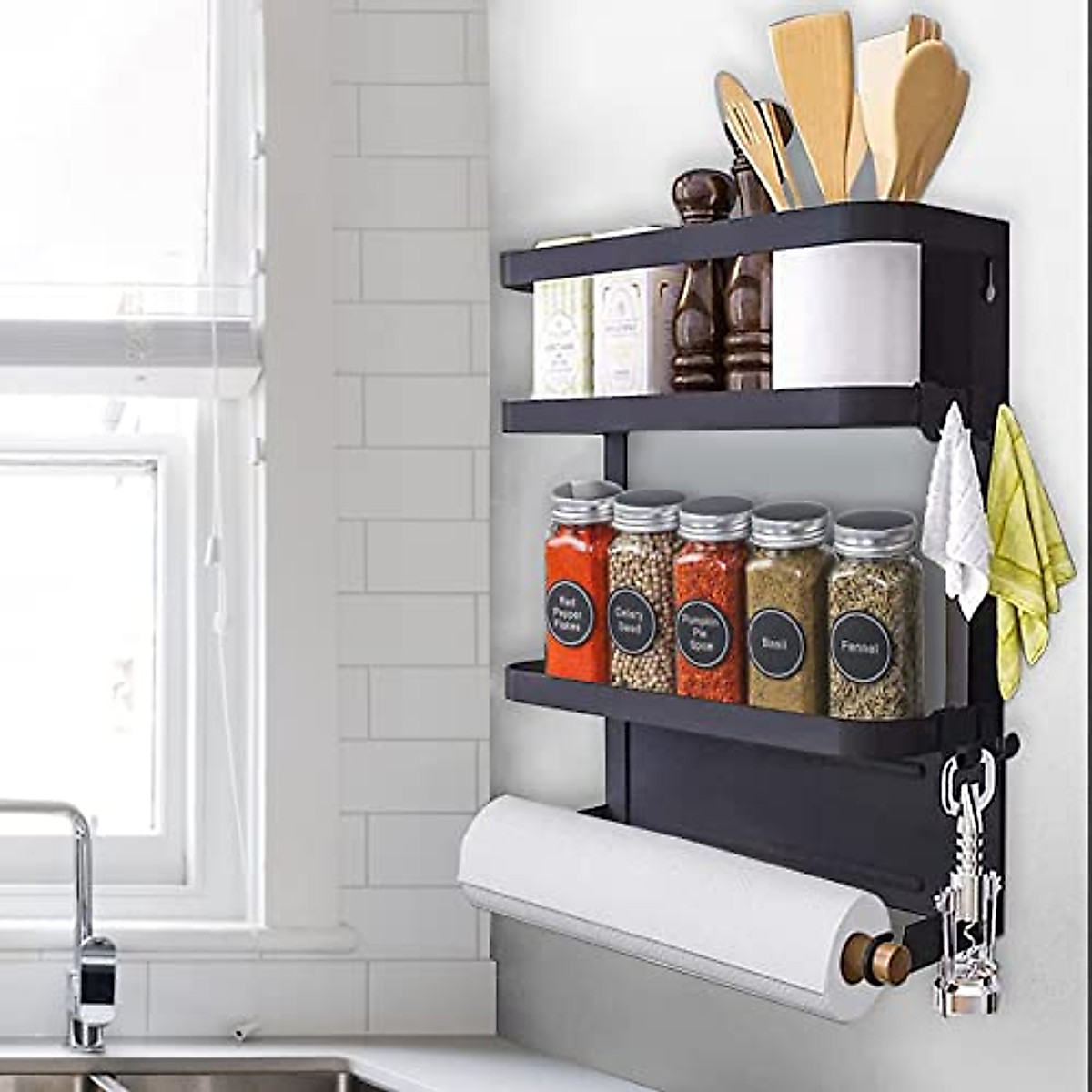 VIAV Magnetic Spice Rack with Paper Towel Holder for Refrigerator with 2-Tier Shelf Spice Rack Strong Magnetic Backing with 3 Hooks for Kitchen Storage,Refrigerator,Freezer,Grill Silver