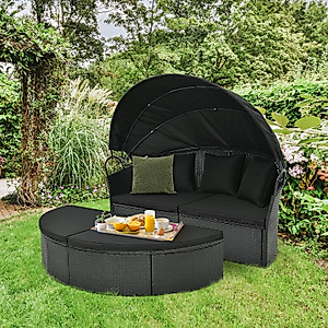 Tangkula Outdoor Patio Round Daybed with Retractable Canopy, Black Rattan Wicker Furniture Sectional Seating with Cushions and Throw Pillows, Seating Separates Cushioned Seats for Backyard (Black)