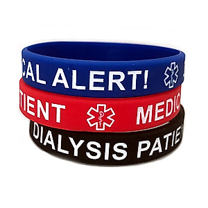 Dialysis Patient Adult Silicone Medical Alert Bracelets Lot of 3