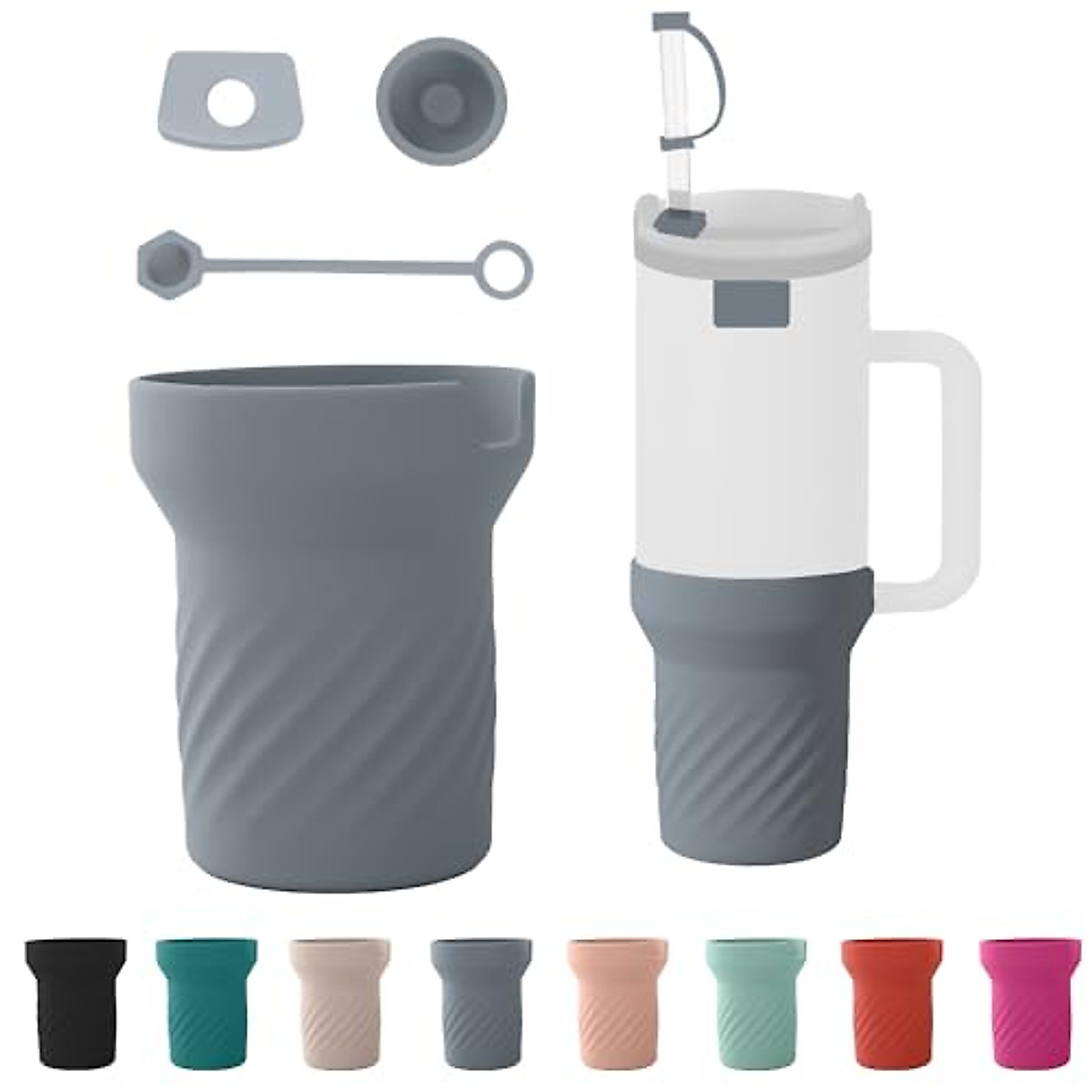 XMBYGY Spill Proof Stopper Set and Silicone Boot Cover for Stanley Quencher H2.0 FlowState Tumbler 40oz, Include 1 Cup Boot Sleeve, 1 Straw Cover Cap,1 Square Spill Stopper,1 Round Leak Stopper