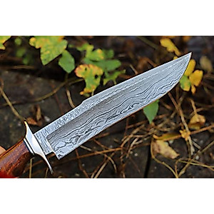 kaswah Handmade Damascus Steel Hunting Knife with Hand Stitched Leather Sheath - 14" Fixed Blade Knife with Solid Rosewood Wood Handle - EDC Survival Knife for Men