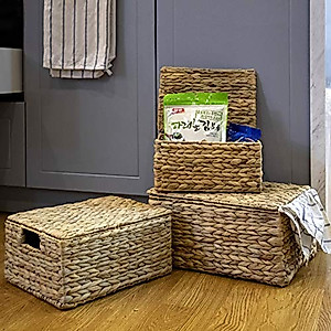 Set of 3 Pack Nesting Storage Baskets with Lids and Insert Handles for Home Organization | Closet Wicker Lidded Baskets for Shelves | Straw Wire Woven Storage Baskets with Lids (Water Hyacinth)