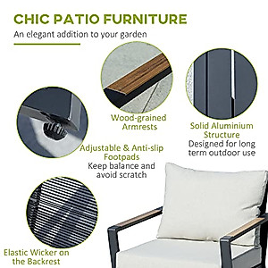 Outsunny 4 Piece Patio Furniture Set, Aluminum Conversation Set, Outdoor Garden Sofa Set with Armchairs, Loveseat, Center Coffee Table and Cushions, Cream White