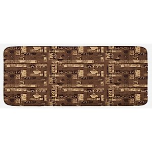Ambesonne Coffee Kitchen Mat, Cafeteria Pattern with Hot Mocha Latte Milk Love Typography on Scribble Backdrop, Plush Decorative Kitchen Mat with Non Slip Backing, 47" X 19", Brown Beige