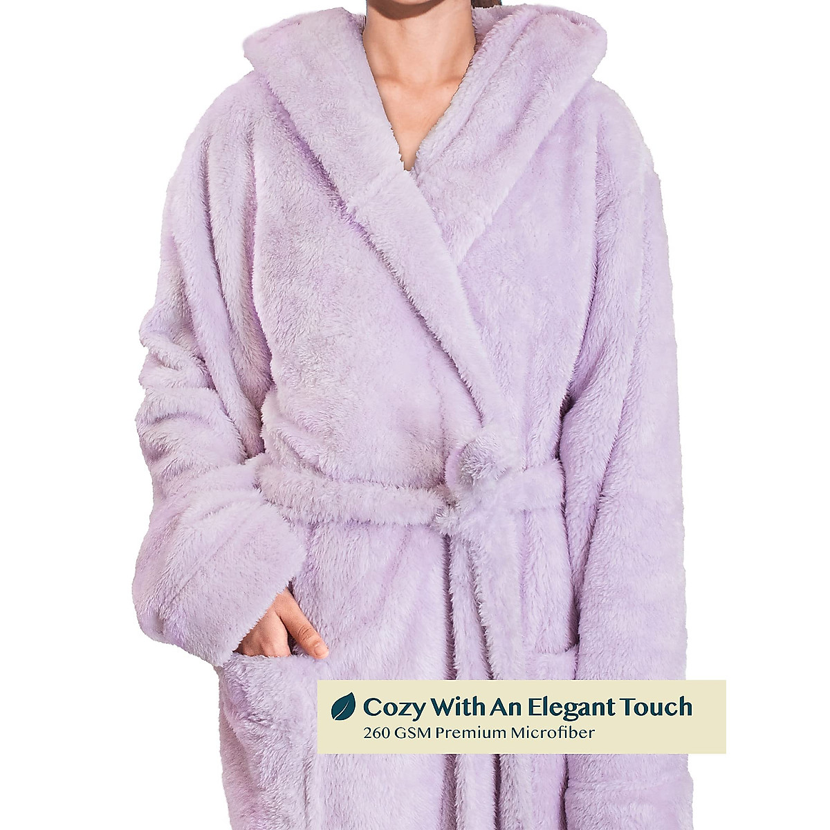 PAVILIA Women Hooded Plush Soft Robe | Fluffy Warm Fleece Sherpa Shaggy Bathrobe (S/M, Lavender Purple)