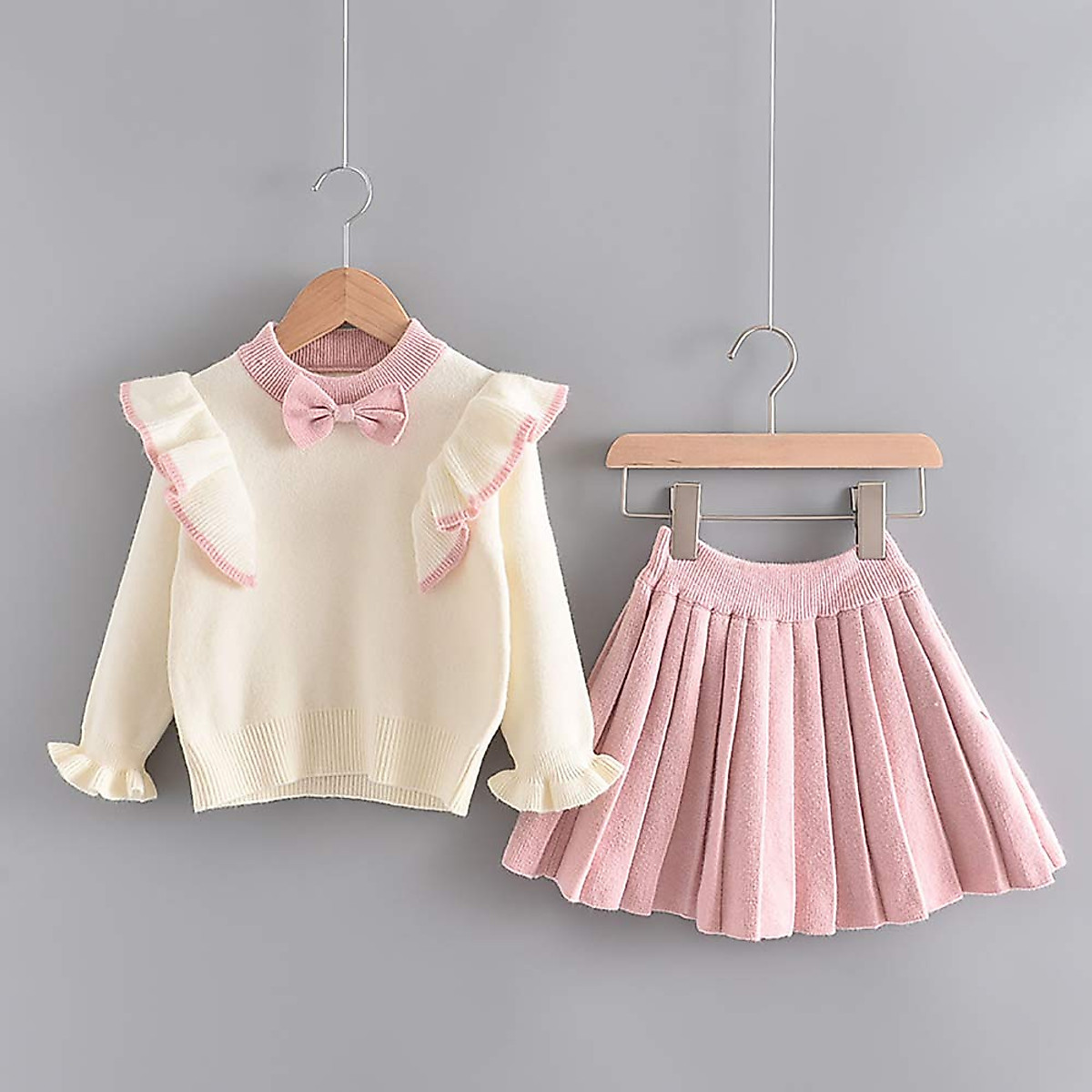 Toddler Baby Girls Outfit Knitted Buttons Sweater Tops Mini Skirt Bowknot Ruffle Long Sleeve Autumn Winter Clothes Set for Kids Christmas Outfits Princess Dress up Knit Crochet Pink 2-3T