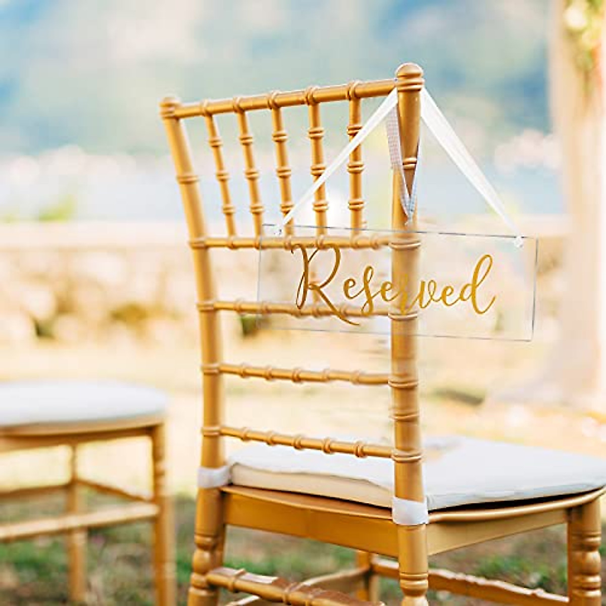 6 Pcs Reserved Signs for Wedding Chairs Reserved Chair Signs Reserved Hanging Sign Reserved Signs for Wedding Reserved Seating Signs for Chairs Acrylic Handmade Seat Signs with Ribbon(Gold)