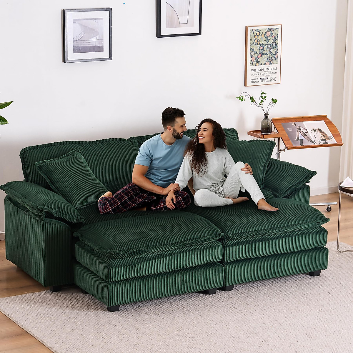 ONEMMLION 84.6" Modular Sectional Sofa Oversized Loveseat, Modern Upholstered Cloud Couch with 2 Ottoman, Comfy Corduroy Deep Seat Sleeper Sofa for Living Room, Small Space, Green