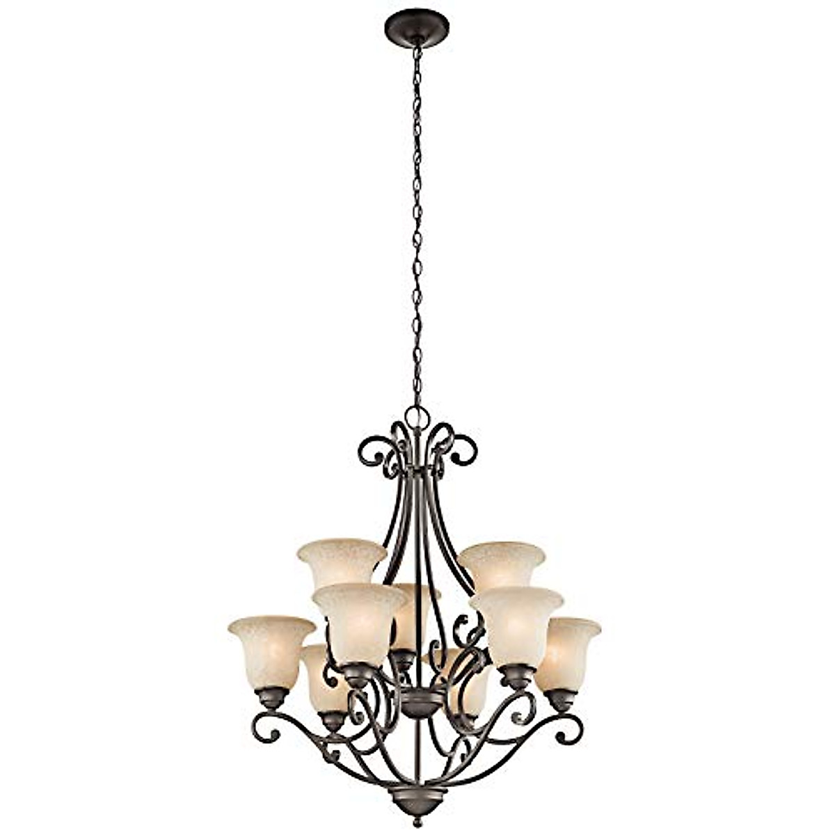 Kichler Camerena 34.5" Two Tier Chandelier in Olde Bronze®, 9-Light Traditional Dining Room Chandelier with White Scavo with Light Umber Inside Tint, (30" W x 34.5" H), 43226OZ