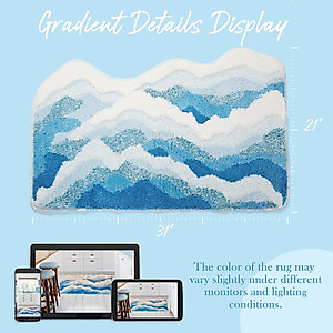 DyeFury Blue Ocean Wave Bath Mat, Cute Funky Bathroom Rugs for Coastal Beach Nautical Themed Decor, Non-Slip Washable Accent Rug for Bedroom Kitchen, Trendy Tufted Shower Mats 31"x 21"