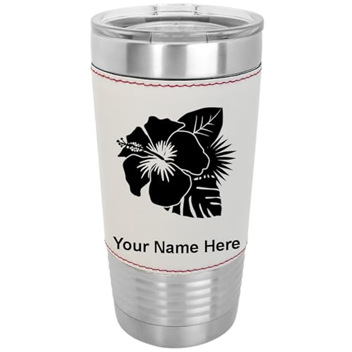 LaserGram 20oz Vacuum Insulated Tumbler Mug, Hibiscus Flower 2, Personalized Engraving Included (Faux Leather, Baseball Style)