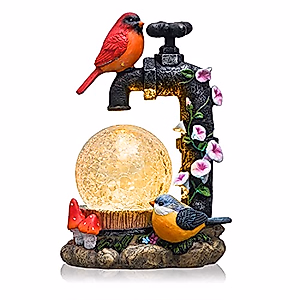 TERESA'S COLLECTIONS Bird Garden Decor with Solar Powered Lights, Resin Bird Outdoor Statues Figurine Garden Statue with Crackle Glass Globe for Porch Patio Lawn Yard Christmas Decorations, 8.3 inch