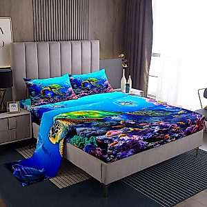 Sea Turtle Sheet Set King Size,Ocean Underwater World View Bed Sheet Cute Colorful Fish Coral Bedding Set for Kids Girls Boys Adult Room Decor,Blue Hawaii Style Beach Fitted + Flat Sheet 4Pcs