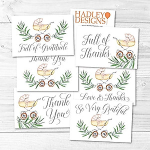 24 Carriage Baby Shower Thank You Cards With Envelopes, Boy or Girl Sprinkle Thank-You Note, 4x6 Gratitude Card Gift For Guest Pack, Gender Reveal DIY So Grateful Greenery Varied Event Stationery
