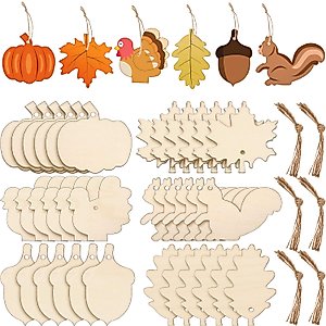 60 Pieces Thanksgiving Unfinished Wooden Ornaments Maple Leaves Pumpkin Wood Cutout Squirrel Acorn Blank Wooden Ornament for Thanksgiving Fall Party DIY Decor Supplies, 6 Styles