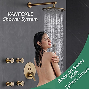 VANFOXLE Shower Faucet Brushed Gold Shower System,Push Button Diverter Shower Faucet with 2 in 1 Handheld,Wall Mount 10 Inch Shower Head with 4 PCS Dual Modes Body Jets(2 Inch)
