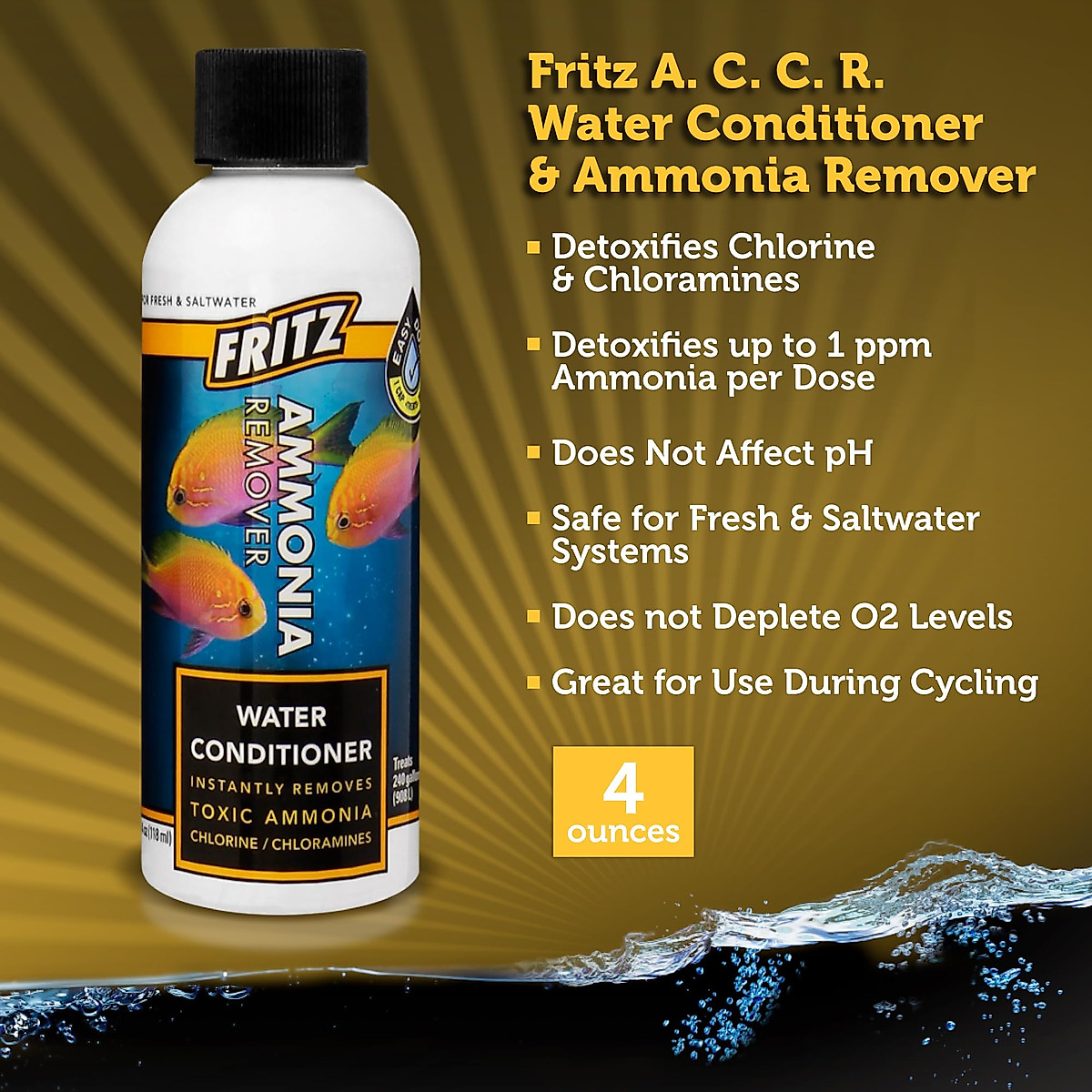 Fritz Aquatics ACCR Water Conditioner Instantly Removes Toxic Ammonia/Chlorine & Chloramines for Fresh & Salt Water Aquariums (4-Ounce)