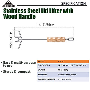 CAMPINGMOON Camp Dutch Oven Lid Lifter for Lifting and Carrying Dutch Ovens with Wood Handle MS-34