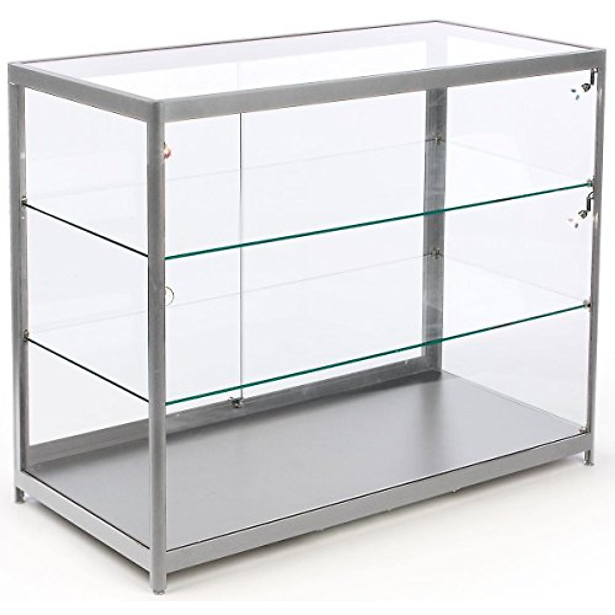 Displays2go Retail Display Counter with Lighting, Locking, Tempered Glass Shelves, Aluminum Frame – Clear, Silver (JBQCT48LED)