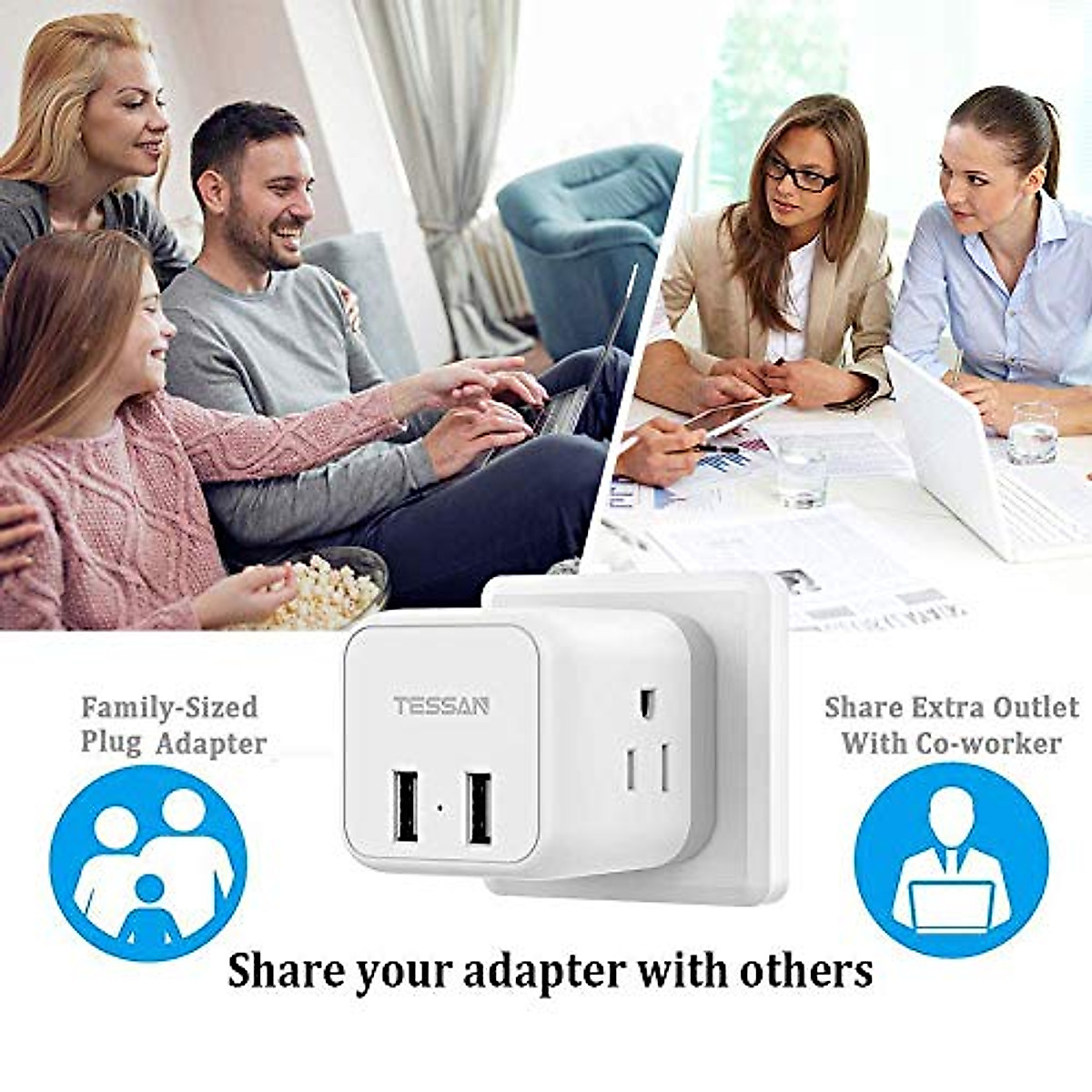 TESSAN Type E F Plug Adapter, France Germany Power Adapter with 2 USB 3 American Outlets, Schuko European Travel Plug Adaptor for US to Europe German Frence Iceland Spain Russia Poland EU
