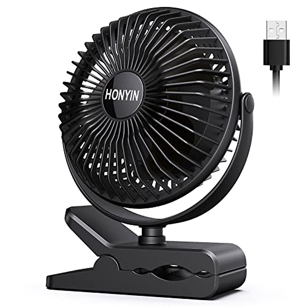 HONYIN USB Clip on Fan, 720° Rotation Small Desk & Clip Fan, Personal Cooling Fan with Sturdy Clamp, 3 Speeds, Quiet Little Fan by USB Plug In, for Bedroom Office Desktop Treadmill
